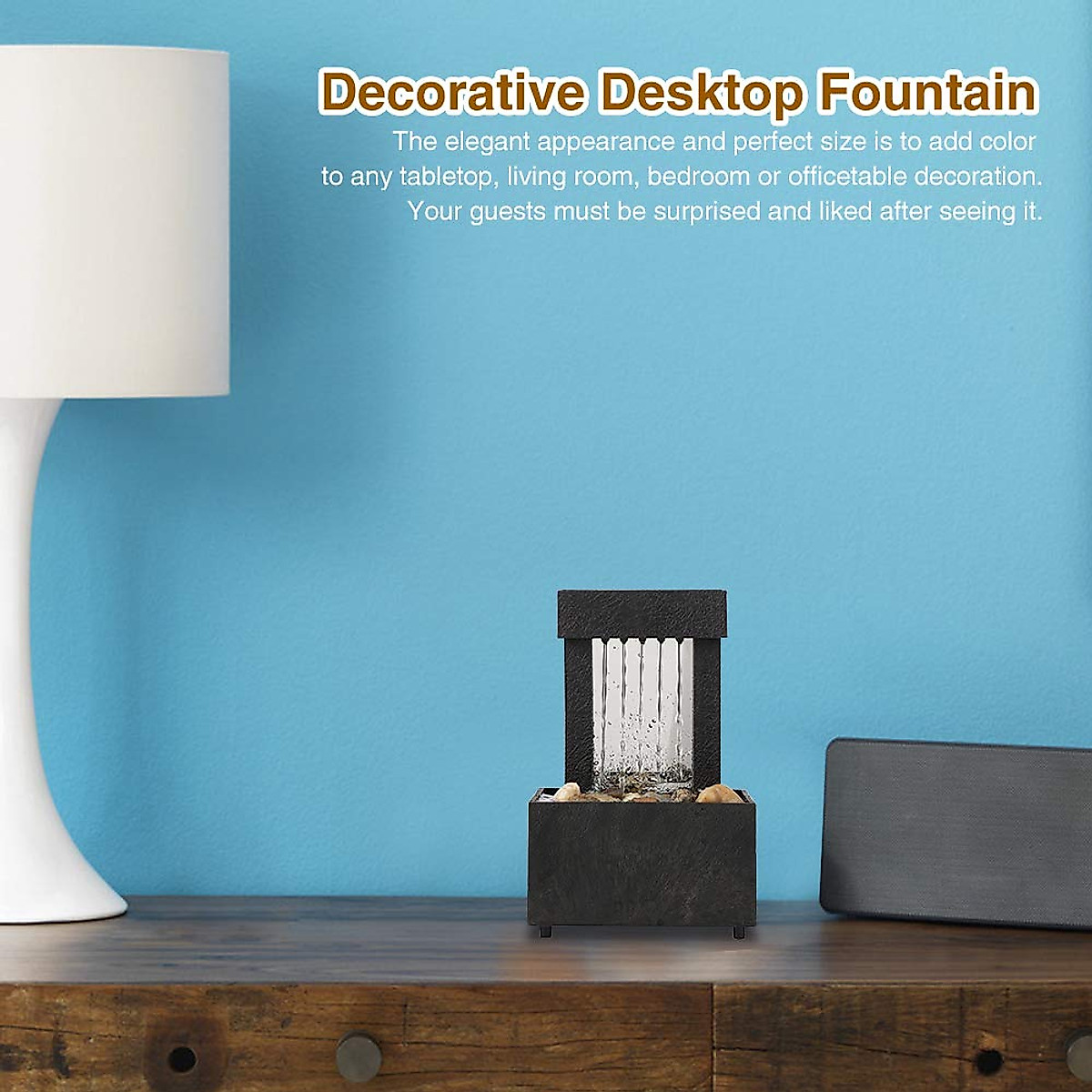 Tabletop Fountains, Indoor Water Fountain with LED Lights-Zen Garden for Desk Waterfall Tabletop Fountain for Office and Home Décor, with Stone Wall and Soothing Sound(1)