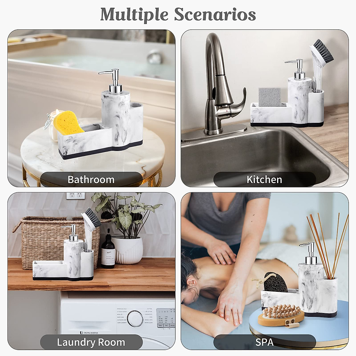 zccz Soap Dispenser with Sponge Holder and Brush Holder, Marble Pattern Kitchen Dish Soap Dispenser Pump Bottle Countertop Sink Caddy Bathroom Organizer Sponge Holder for Sink Storage and Organization