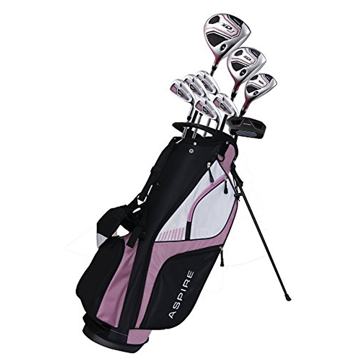 Aspire XD1 Ladies Womens Complete Right Handed Golf Clubs Set Includes Titanium Driver, S.S. Fairway, S.S. Hybrid, S.S. 6-PW Irons, Putter, Stand Bag, 3 H/C's Pink (Cherry Right Petite Size -1")