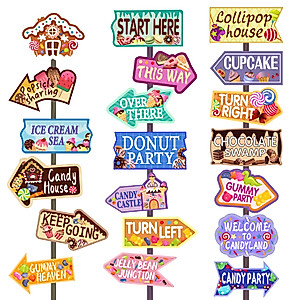 LOKIPA 20 PCS Candyland Party Decorations, Candy Land Decoration Party Sign Welcome Candyland Birthday Party Decorations Directional Signs Street Photo Prop for Sweet Candy Theme Party Supplies
