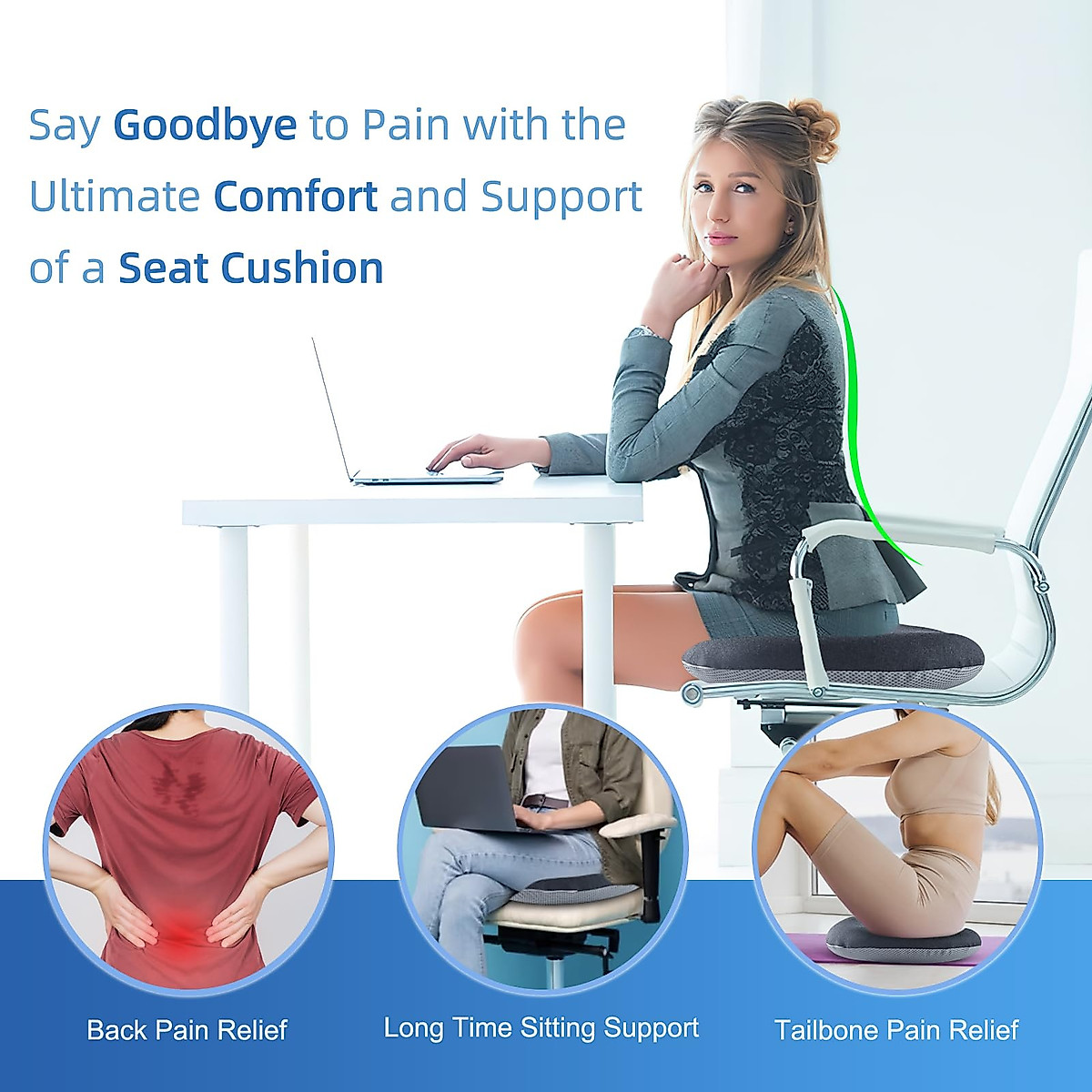 Seat Cushion for Office Chair Car - Memory Foam Chair Pad Sciatica & Back Coccyx Tailbone Pain Relief - Non-Slip Ergonmic Butt Pillow for Computer Desk, Wheelchair, Gaming School Chair - Grey