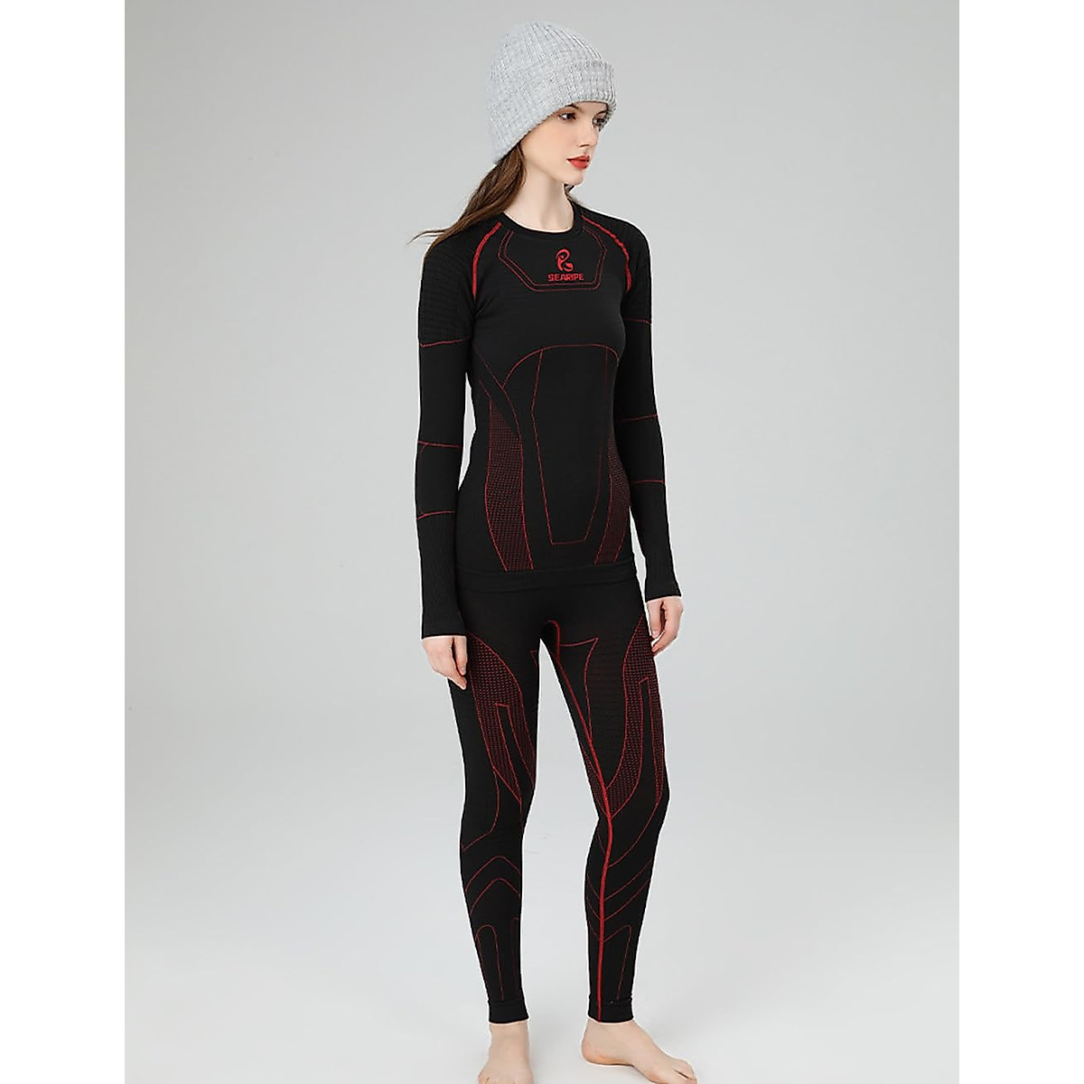 SEARIPE Women Thermal Underwear, Ski Base Layer - Long Sleeve Compression Tops & Long Johns Bottom Sets Quick Drying (SE111,W-BK,XS)