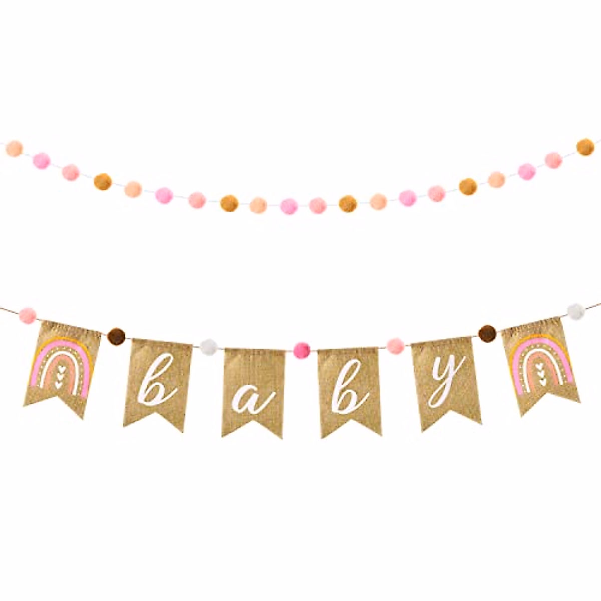 FeelWarm Boho Rainbow Baby Burlap Banner with Pom Pom Garland Bohemia Hippie Pre-strung Swallowtail Flag Banner Wool Felt Balls Hanging Garland Decoration Baby Shower Photo Prop for Neutral Baby