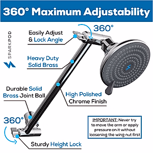 Shower Head Extension Arm by SparkPod - 11" Solid Brass Shower Arm Extension with Universal Connection to Showerheads - Easily Adjustable (Luxury Polished Chrome)
