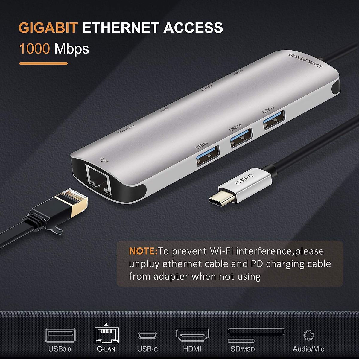 Cabletime 9 in 1 USB Hub (9 in 1(3*USB 3.0 Ports+Audio+HDMI+Type C+MicroSD/SD))