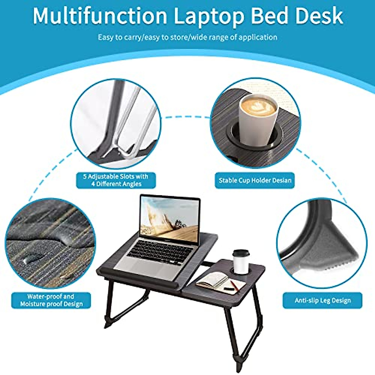CloudTrip Laptop Desk for Bed or Couch, Lap Desk, Woking in Bed Desk, Home Office Desks, Breakfast Tray, Desk with Cup Holder, Watching Movies in Bed, Laptop Stand for Bed, Fordable Legs Desk (Black)