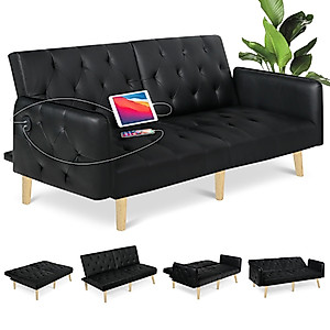 TYBOATLE 65“ Sofa Bed w/ 2 USB,Convertible Futon Tufted Small Adjustable Folding Couch Loveseat, Modern Mid Century Faux Leather Sleeper Sofa for Living Room,Bedroom,Apartment,Office (Black) (Black)