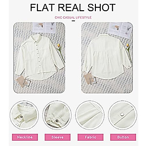 Dokotoo Shacket Jacket Women V Neck Roll Up Long Sleeve Pocket Denim Jean Jacket Shirts Shacket Casual Solid Boyfriend Button Down Blouses with Bust Pockets White L