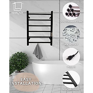 TOWELLUX Heated Towel Rack for Bathroom, Wall Mounted Hot Towel Warmer, Electric Wire Plug Drying Rack, Stainless Steel Towel Rack with Timer, 6 Bars Matte Black Brushed, Spa Accessories for Towels