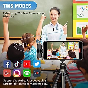 Leereel 2 Pack Wireless Lavalier Microphones for iPhone iPad, 2.4GHz Plug & Play Lapel Clip-on Mic for YouTube TikTok Interview Live Stream Video Recording - 3 Levels Noise Reduction, Auto Sync