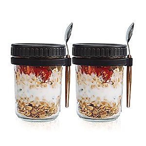 ZCXQM Overnight Oatmeal Containers and Spoon, 10 oz Set of 2, Glass Mason Jars with Airtight Lids for Cereal Yogurt and Parfait (Black)