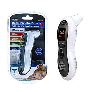 MOBI Digital Ear & Forehead Thermometer with Fingertip Pulse Reading, Flashlight & Fever Indicator, Room Temperature – Large Display, 3 Language Voice Readout for Baby, Kids & Adults