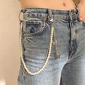 Wiwpar Punk Trouser Chain Pocket Chain Pearl Butterfly Jean Pants Belt Chains Waist Belly Body Chain Silver for Women and Girls