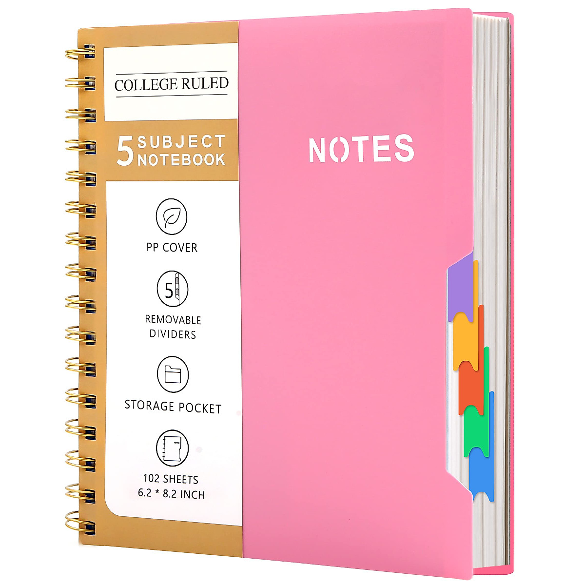 CAGIE 5 Subject Notebook College Ruled with Removable Tabs, Lined Spiral Journals Notebook for Women Men Writing, Notebooks for Work Note Taking School Supplies, A5 - Pink