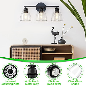 FOLKSMATE 3-Light Bathroom Light Fixtures, Matte Black Modern Vanity Lights, Sconces Wall Lighting with Clear Glass Shade, Wall Mount Lights Wall Lamp