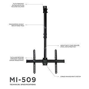 Mount-It! TV Ceiling Mount Bracket, Adjustable Height Full Motion 360 Deg Rotation Tilting Swiveling for Flat Panel LCD LED OLED Plasma TVs, Fits up to 75 Inch TVs, 110 Pound Capacity, Black (MI-509B)