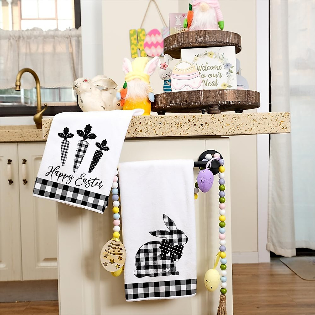 ARKENY Easter Kitchen Towels for Easter Decor Black Buffalo Plaid Check Bunny Dish Towels 18x26 Inch Bar Drying Cloth Carrot Hand Towel for Kitchen Bathroom Party Easter Decorations Set of 2