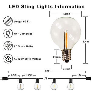 GIYOKAJU 60ft Outdoor String Lights with 40+4 Dimmable LED Bulbs,Adjustable Brightness Camping Waterproof Lights,G40 Hanging String Lights for Cafe,Bistro & Backyard