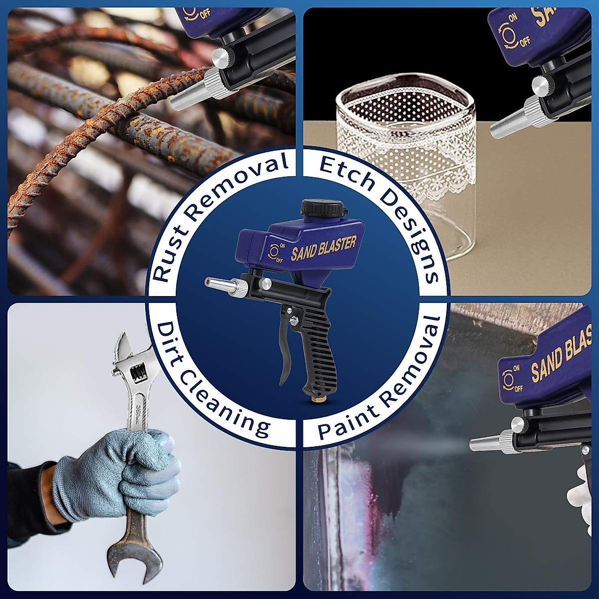 Ziopetru Sand Blaster Gun - Gravity Feed Sandblaster Gun for Metal, Wood Paint/Rust Removal and Glass Etching - Handheld Sand Blaster Gun for Air Compressor, Up to 70-150 PSI Blasting Media, Blue