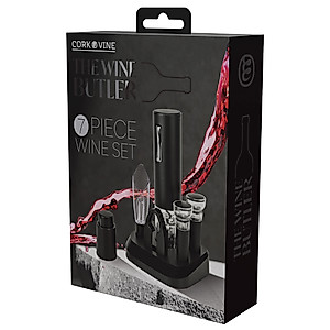 Cork & Vine Rechargeable 7-Piece Wine Set | Electric Wine Opener, Charging Base | Smart Wine Stopper, Wine Aerator, Wine Foil Cutter, Rechargeable Corkscrew, 2 Wine Stoppers Vacuum | Kitchen Gadgets