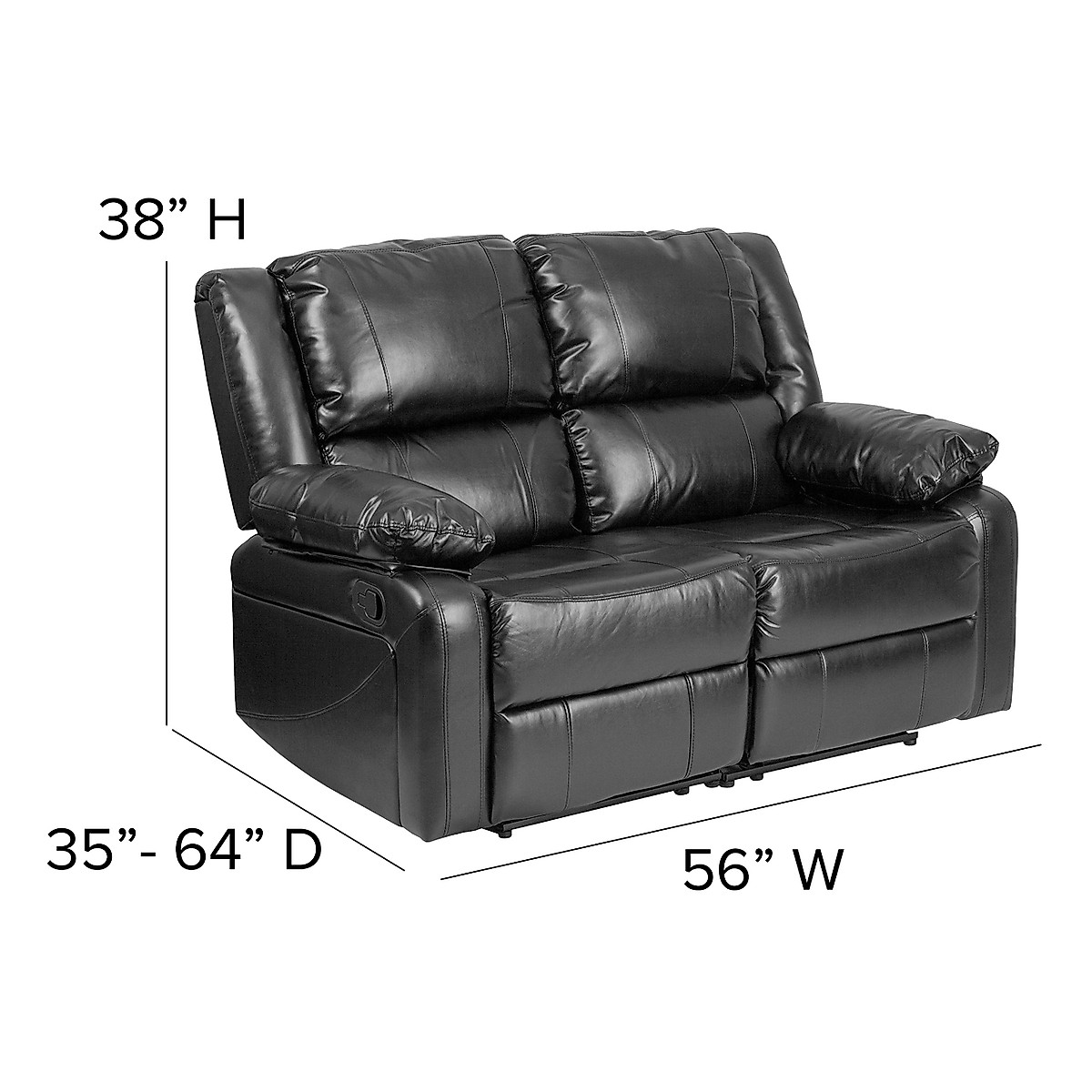 BizChair Black LeatherSoft Loveseat with Two Built-In Recliners