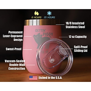 Bevvee Gettin Piggy - Wine Tumbler Glass with Sliding Lid - Stainless Steel Insulated Mug - Cute Pig Decor Gifts - Pink