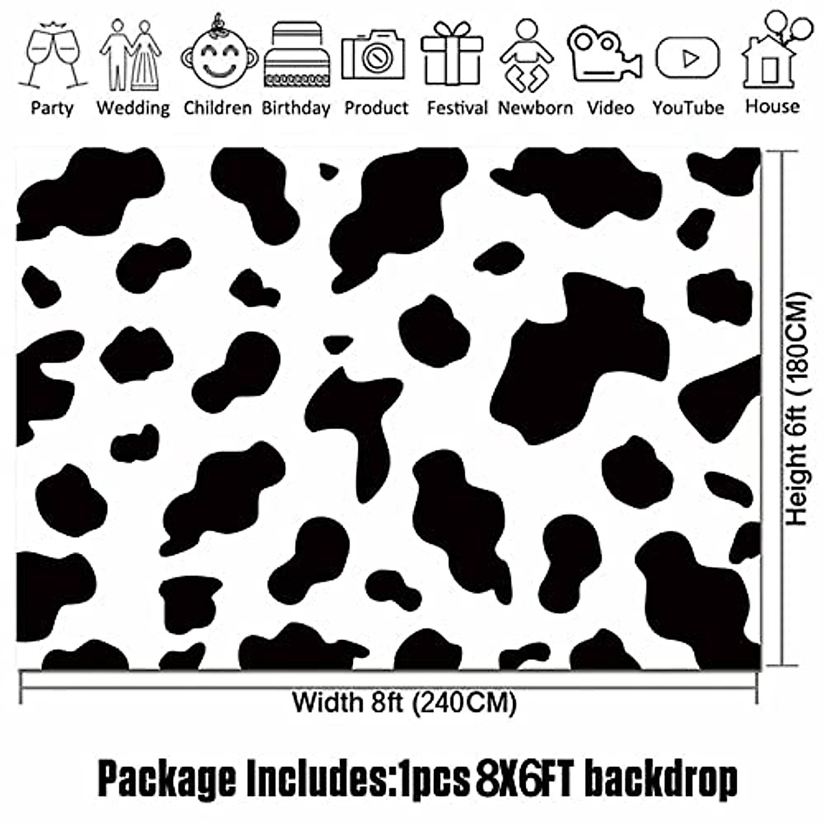 HQM 8x6FT Soft Fabric/Polyester Cow Party Photography Backdrops Black and White Farm Animal Happy Birthday Photo Background Kid's Newborn Baby Shower Banner Props, 8x6ft(240X180CM）