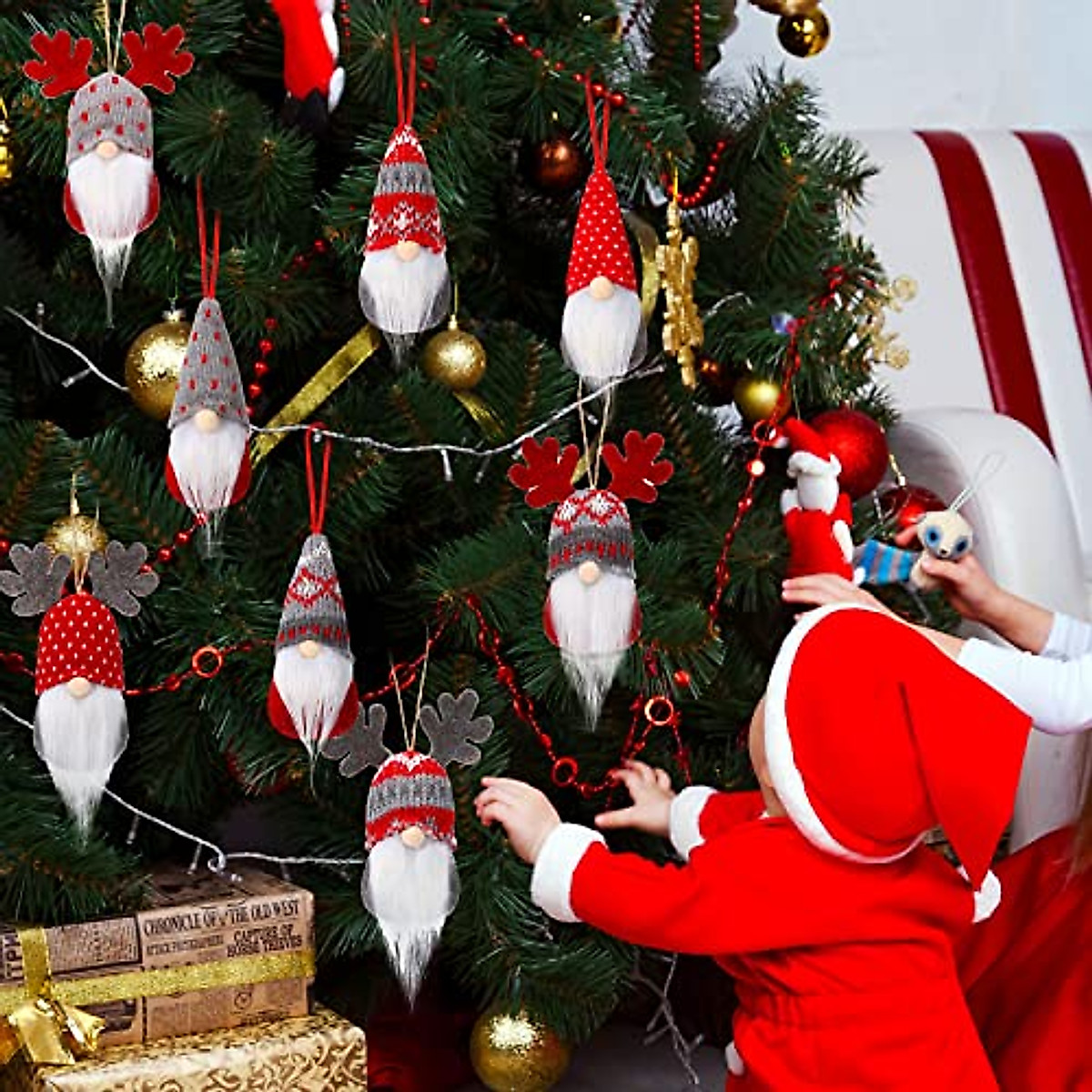 Christmas Tree Hanging Gnomes Elf Gnome Plush Christmas Ornaments Elk Swedish Handmade Gnome Decor Mini Halloween Gnomes Scandinavian Santa Holiday Decoration for Walls Stairs Windows(8 Pieces)