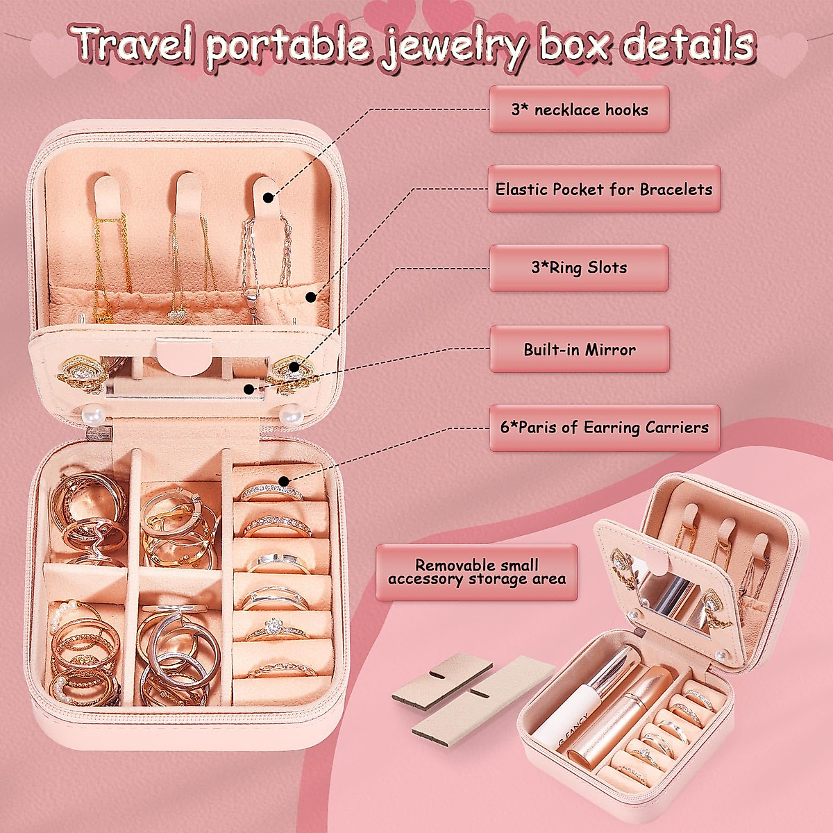 GevGuxLuo Pink Contemporary Jewelry Box, Lightweight & Removable, Zipper Closure, Fabric-lined, Table Top, Birthday Gift for Women, Teens & Girls