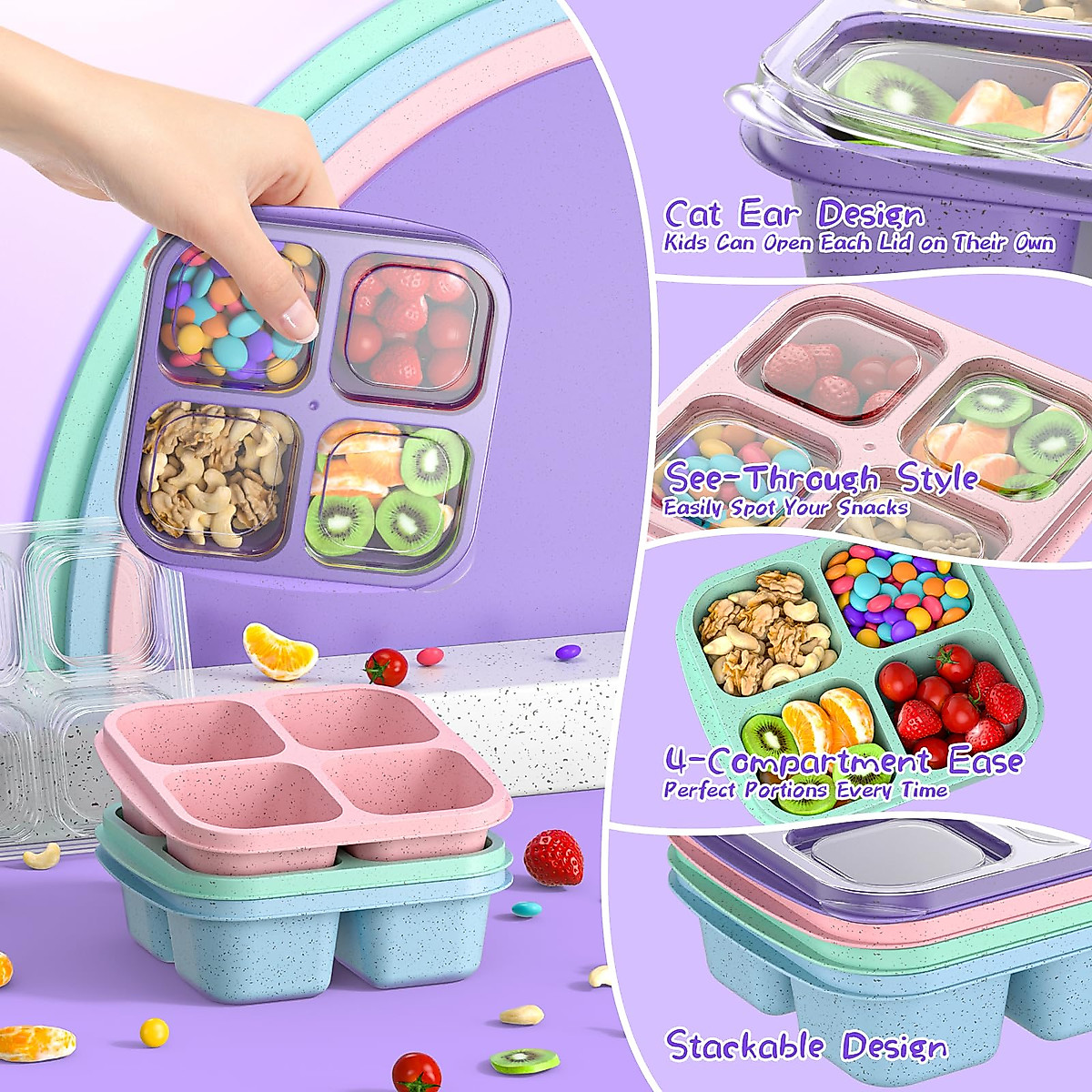 Bento Snack Containers(4 Pack), 4-Compartment Meal Prep Containers Reusable, Snackle Box Container for Kids and Adults,Divided Lunchable Container Food Storage Containers for School, Work, Travel