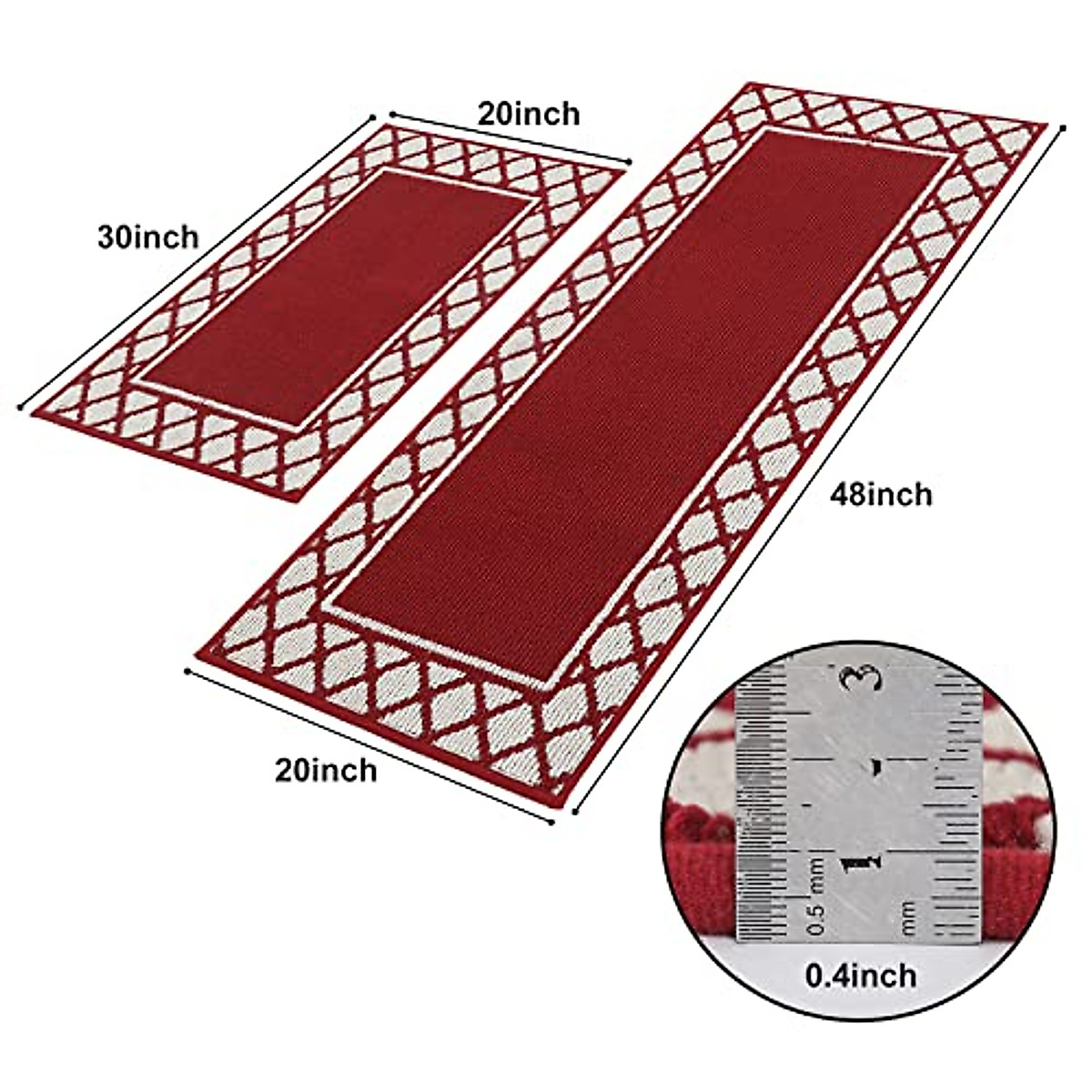 COSY HOMEER Thick 48x20 Inch/30X20 Inch Kitchen Rug Mats Made of 100% Polypropylene 2 Pieces Soft Kitchen Mat Specialized in Anti Slippery and Machine Washable (Red)