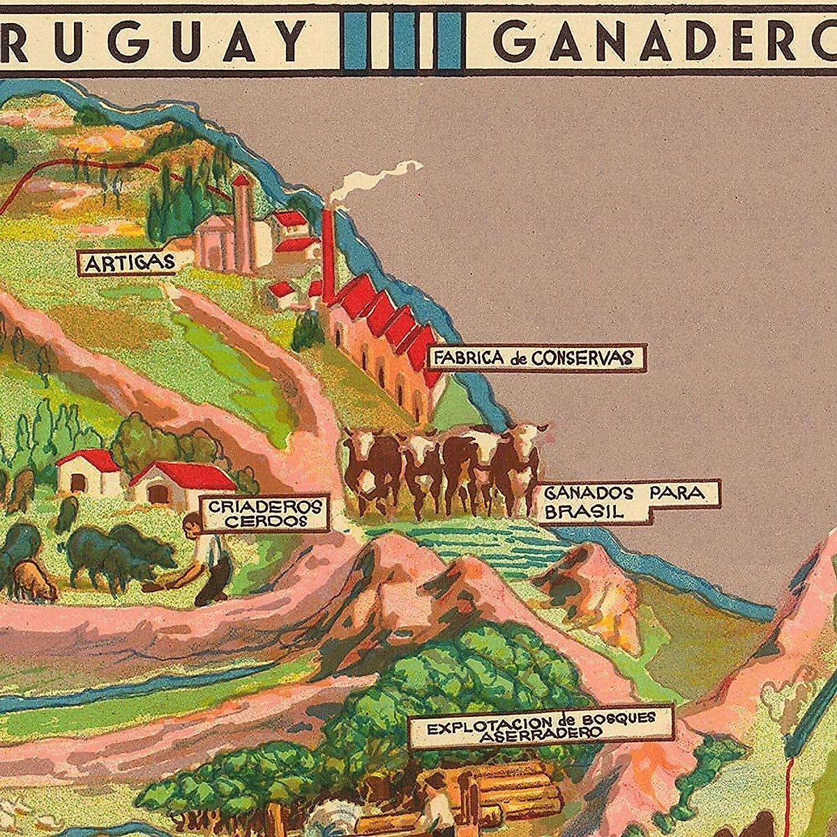 Map of Uruguay, South America circa 1936 - Oriental Republic of Uruguay - measures 24 inches x 24 inches (610mm x 610mm)