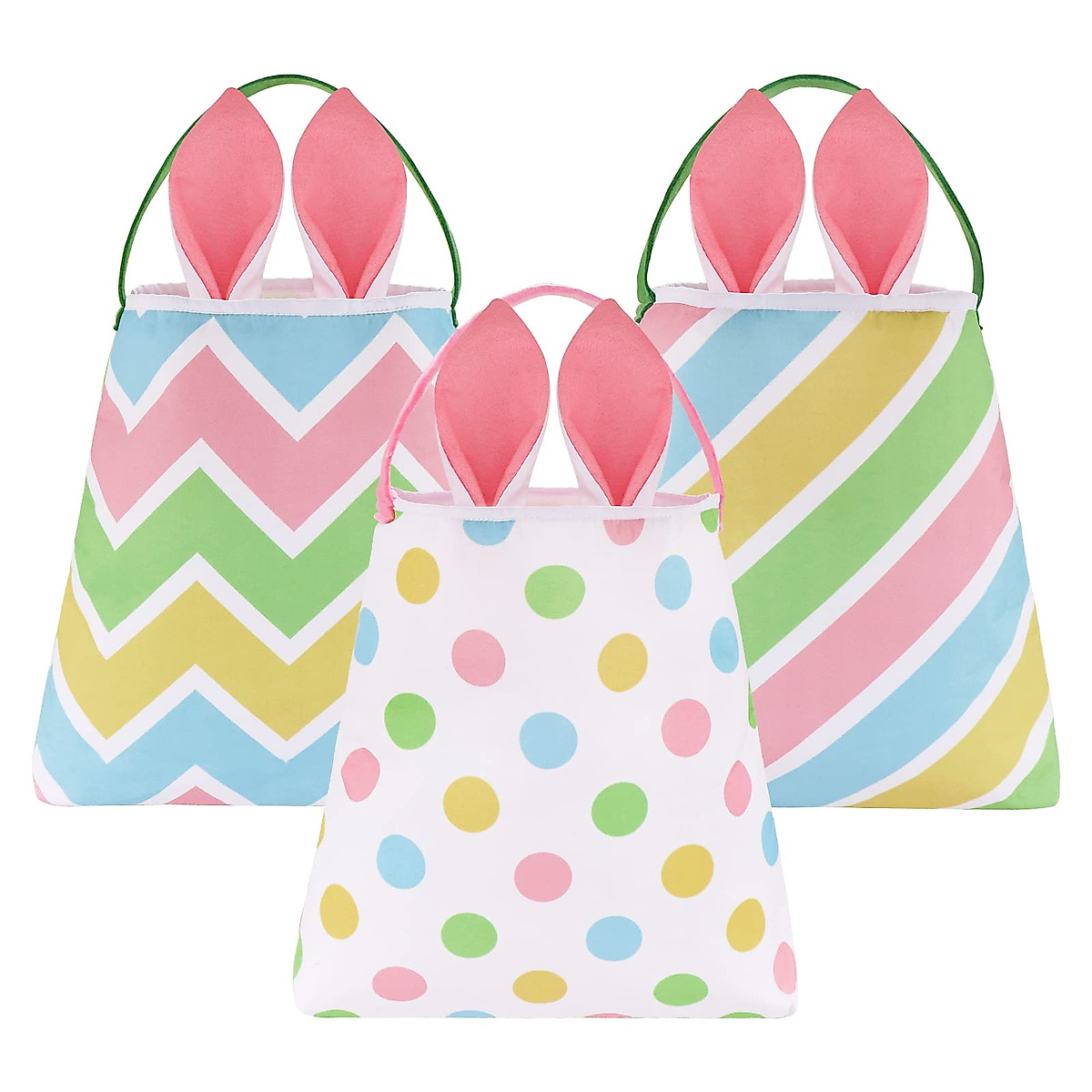 Ivenf Easter Egg Hunt Basket Bag: 3ct Cute Pink Blue Green Easter Bunny Ears Gift Bag for Easter Basket Egg Hunt Games, Kids School Home Office Party Supplies, Spring Decorations