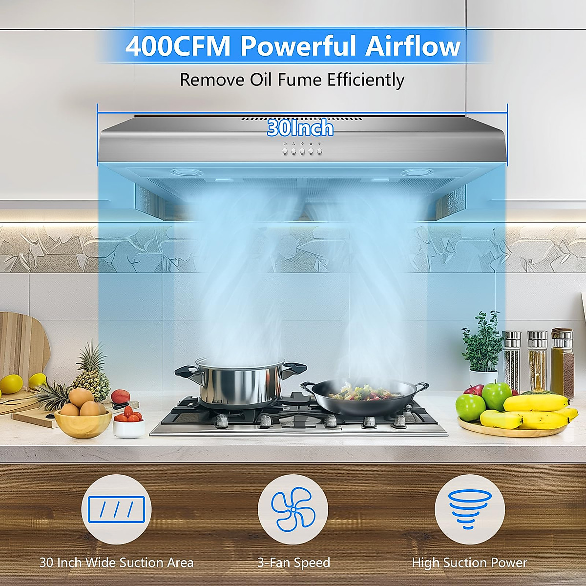 TAZPI 400 CFM Under Cabinet Range Hood 30 Inch, Stainless Steel Stove Vent Hood with 3 Speed Kitchen Exhaust Fan and Two Bright LED Light, Kitchen Hood 30 Inch for Duct/Ductless Convertible