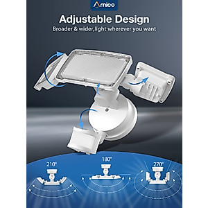 Amico 3 Head LED Security Lights with Motion Sensor, Adjustable Motion Detected Flood Light 40W 4000LM, 5000K, IP65 Waterproof, Outdoor Motion Sensor Light for Garage, Yard, Entryways(White)