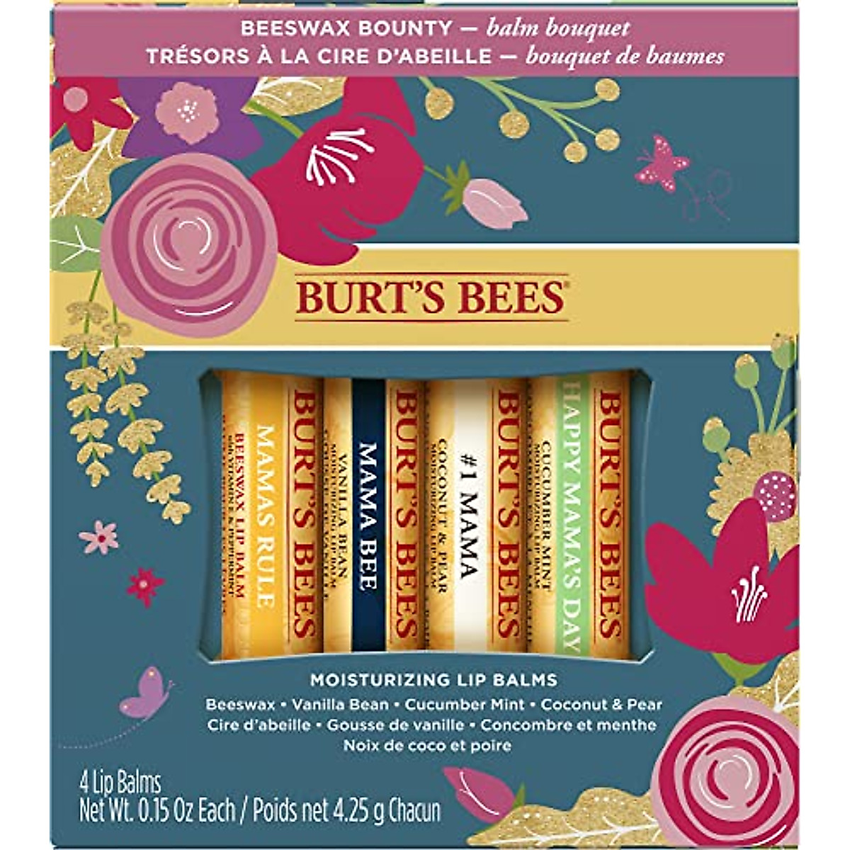 Burt's Bees Gifts, 4 Lip Balm Products, Balm Bouquet Spring Set - Classic Beeswax, Vanilla Bean, Cucumber Mint & Coconut Pear (4 Pack)