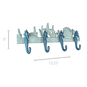 Blue and White Cast Iron Seahorses Decorative Wall Hook Nautical Sea Life Hanging Towel or Coat Rack Beach Home Coastal Accent Decor