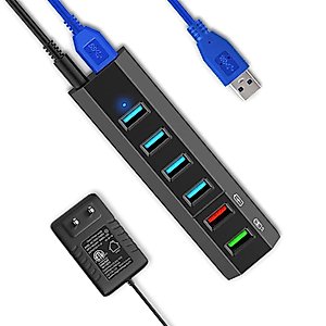 USB Hub, Aiibe 6 Ports Super High Speed USB 3.0 Hub Splitter + 24W Power Adapter + USB 3.0 Cable, Black Smart Fast Charger Powered USB Hub for Laptop, Mac, PC, Mobile HDD, Mulitple Devices