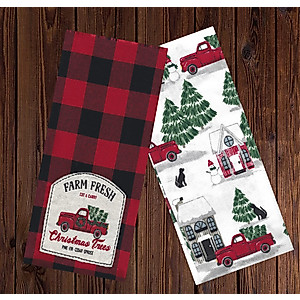 St. Nicholas Square Kitchen Hand Towels, Set of 2, Farm Fresh Christmas Trees Appliqued Embroidery Red Truck, Red and Black Buffalo Plaid Flat Cotton Dishtowels for Home Decorating