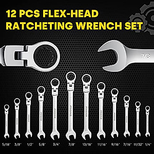 Enventor 180° Flex Head Ratcheting Wrench Set, 12 Pieces SAE 1/4-7/8", CRV Steel, 72-Teeth, 12-Point Combination Ratchet Wrenches Set with Rolling Pouch
