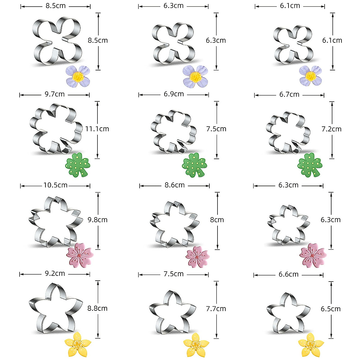 12 Pieces Flower Cookie Cutters Set - 3 Inch - 4 Inch Large Four Leaf Clover, Lilac Flower, Frangipani, Cherry Blossoms Shape Biscuit Cookie Cutter Fondant Mold for Irish St Patrick's Mother Day Party