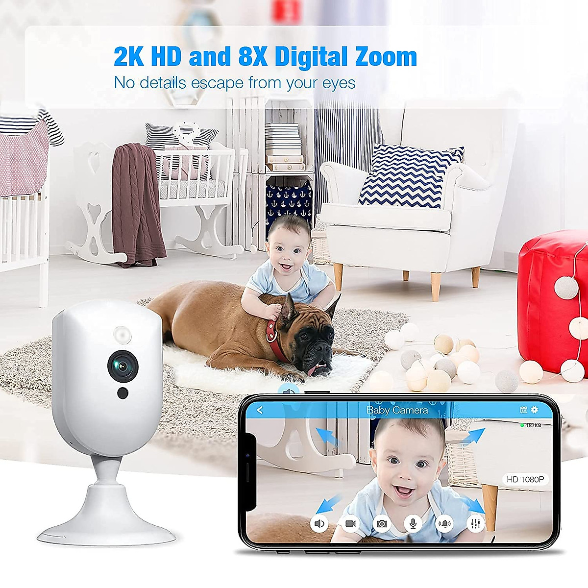 Smart Home Cameras Indoor, 2K Pet /Dog/Puppy Camera with 24/7 HD Live Video, Night Vision, Sound/Motion Detection, Two Way Talk, 2.4Ghz WiFi Cam Indoor for Home Security/Baby Monitor, Works with Alexa