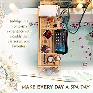 LUXORIA Expandable Bathtub Tray | Water Resistant Bamboo with Bath Accessories | Non-Slip, Luxury Bathroom Caddy Organizer for Tub with Glass Dish Phone Holder | Plus Free Soap Holder