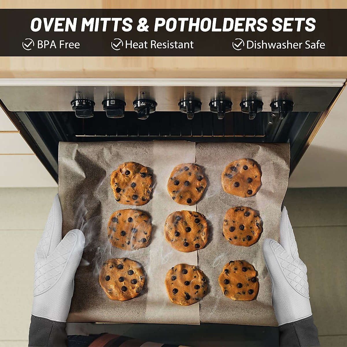 MKLINSIYU Silicone Kitchen Oven Mitts，Heat Resistant 500 Degrees，Oven Mitts Set，Waterproof Flexible Glove and Quilted Liner for Oven Cooking, Grill & BBQ (Light Grey), 12 x 5.7 x 0.75 inches