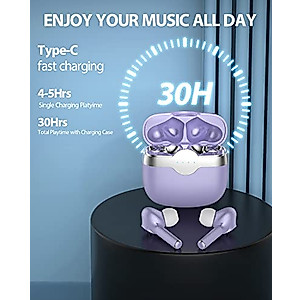Bluetooth 5.3 Wireless Earbuds, Deep Bass Sound Clear Call, Noise Cancelling with 4 Microphones, 30H Playtime, IPX7 Waterproof Protection, Comfortable Wearing, Compatible with iPhone Android, Purple