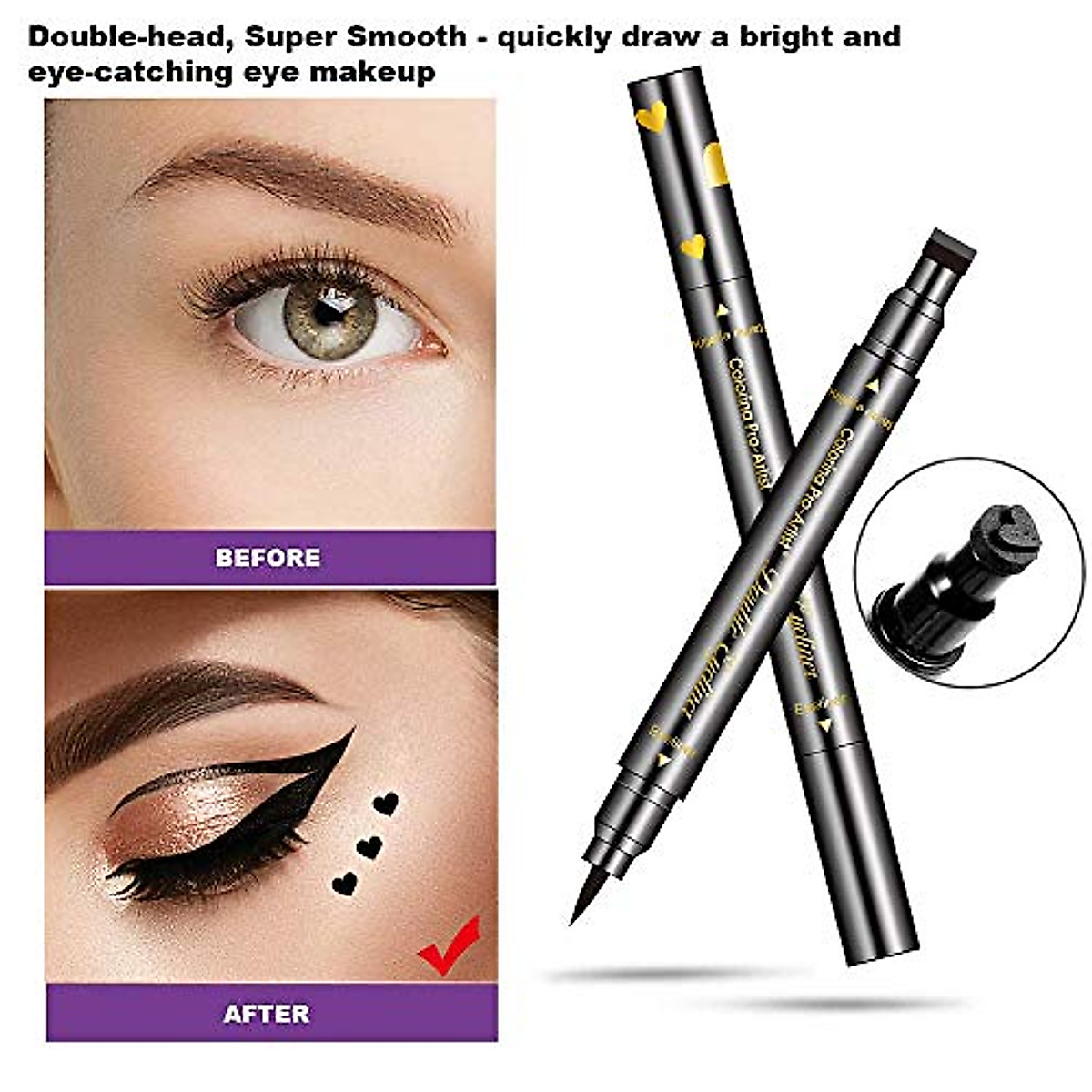4 Styles/Set Pen Eyeliner Stamp Wing Liner, Waterproof, Double Sided & Long Lasting Eye Pencil , (Heart/Moon/Star /Flowers )Shape Stamp Pen, Super Slim Gel Felt Tip High Black Pigment (4PCS)