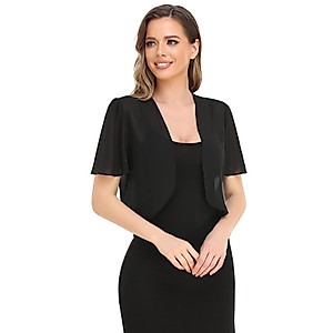 Women Black Bolero Shrug Soft Chiffon Open Front Sheer Short Sleeve Cropped Cardigans for Evening Dress(Black,L)