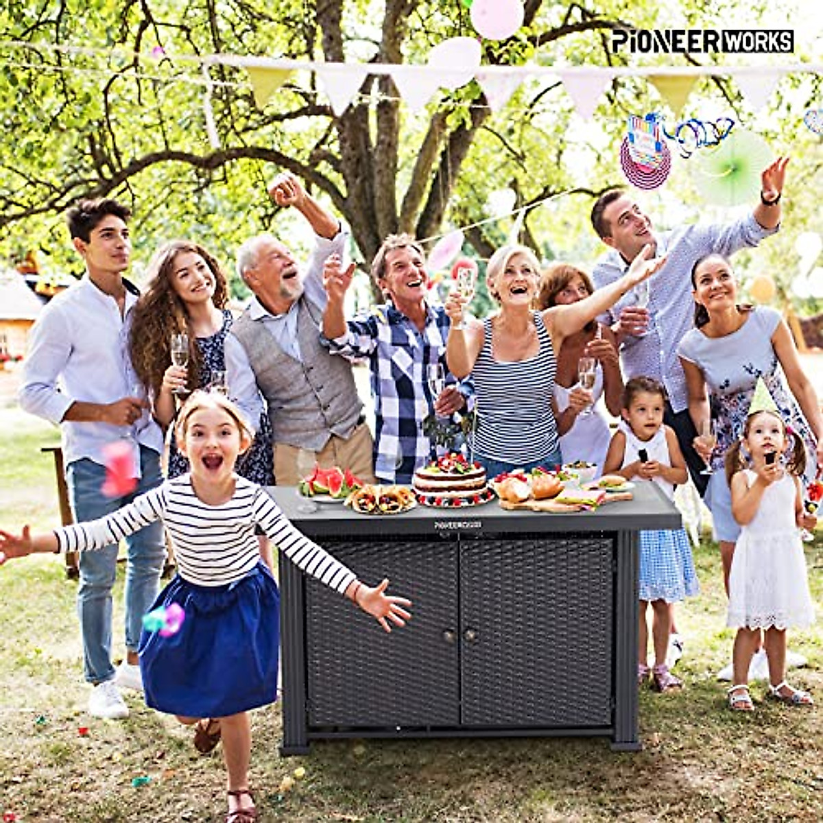 44 Inch Propane Fire Pit Table, PioneerWorks 50000BTU Rectangle Fire Table with Double-Sided Cover, Separate Storage Space, Slate Tabletop&Hidden Ignition, CSA Certified, Companion for Your Garden