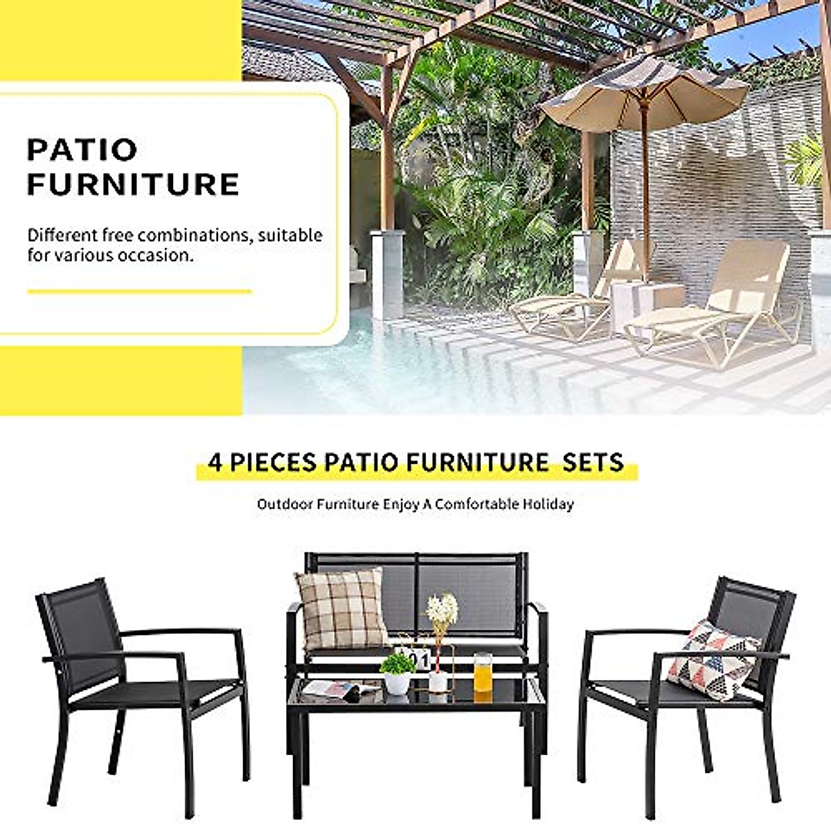Shintenchi 4 Pieces Patio Furniture Set All Weather Textile Fabric Outdoor Conversation Set, with Glass Coffee Table, Loveseat, 2 Single Chairs for Home, Garden, Lawn, Porch（Black）