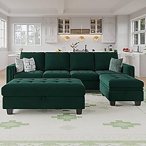 Belffin Velvet Convertible 4-Seat Sectional Sofa with Reversible Chaise L Shaped Sofa Couch Furniture Sets Sectional Couch with Storage Ottoman Green